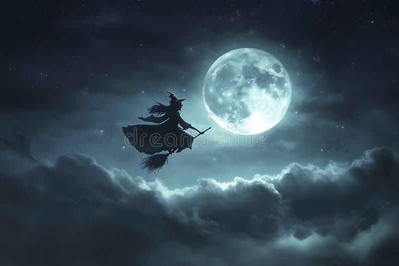 Spooky Night Flight. Witch Glides Over a Moonlit Sky Stock Photo ...