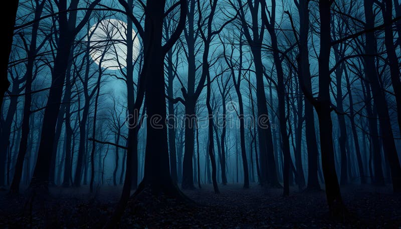 Spooky Night Forest with Scary Black Trees and Dark Glow Background ...