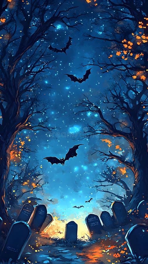 A Spooky Night Scene with Bats Flying Over a Graveyard Under a Starry ...