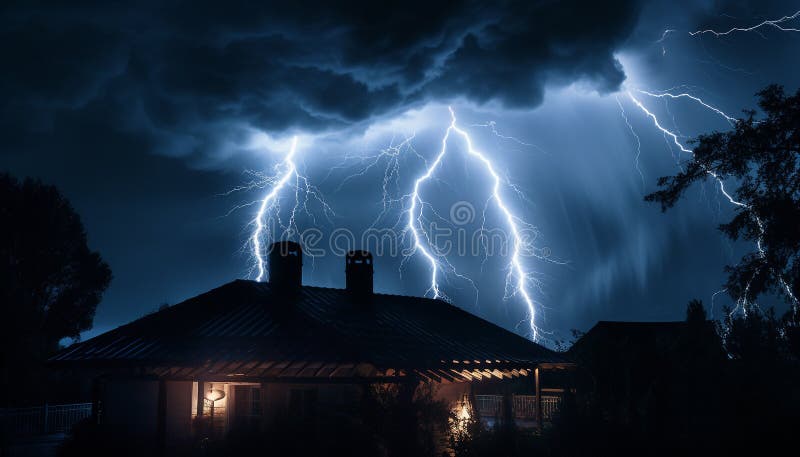 Spooky Night, Thunderstorm Illuminates Dark Cityscape with Bright ...