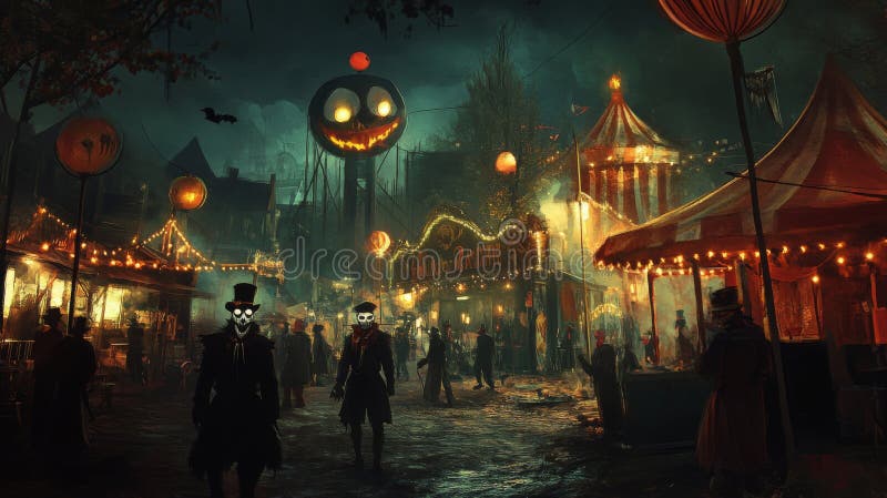 A Spooky Nighttime Carnival with Glowing Jack-o -Lanterns and ...