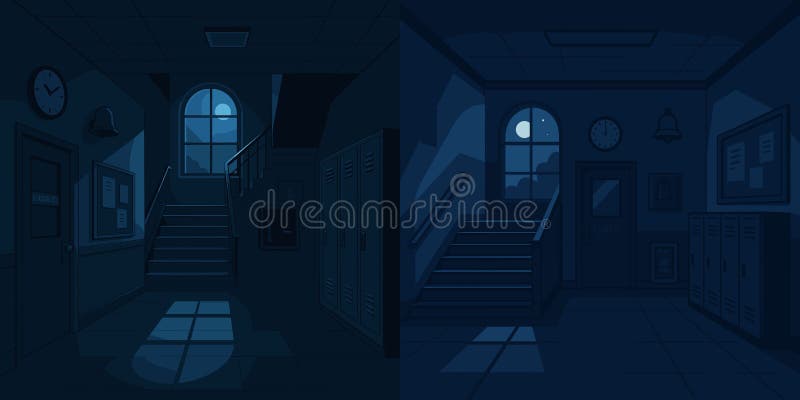 Spooky Nighttime School Hallway Illustration with Moonlight Stock ...