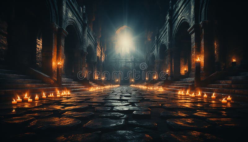 Spooky Old Cathedral Illuminated by Lanterns in the Dark Night ...