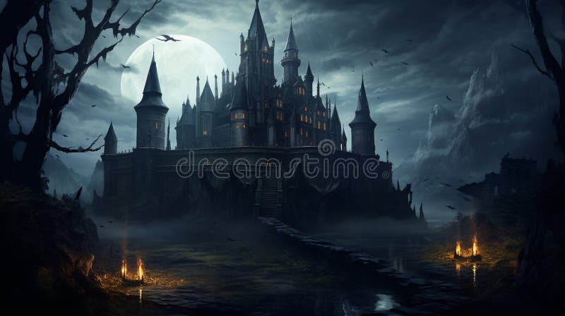 Spooky Old Gothic Castle View Stock Illustration - Illustration of ...