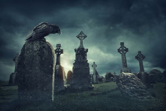 Spooky Old Graveyard and a Bird Stock Image - Image of cementry, ghosty ...