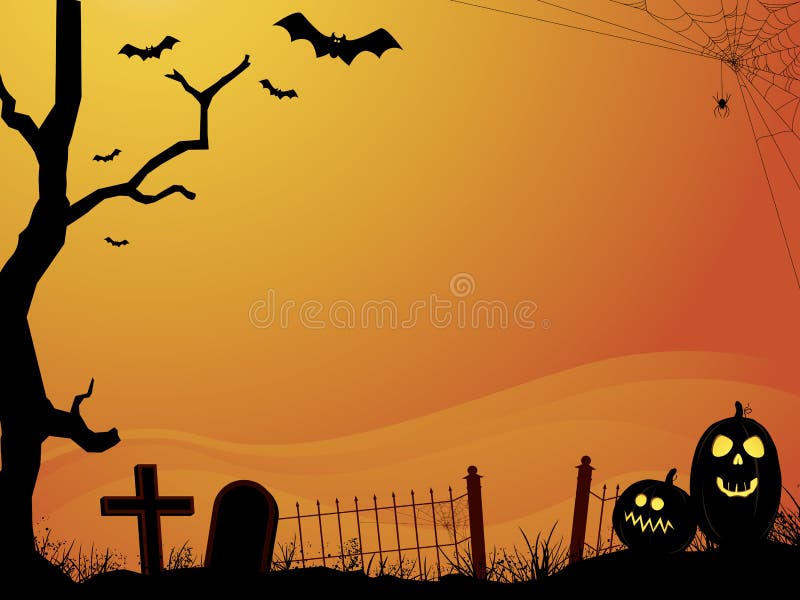 Spooky Orange Halloween Sunset Stock Vector - Illustration of tombstone ...