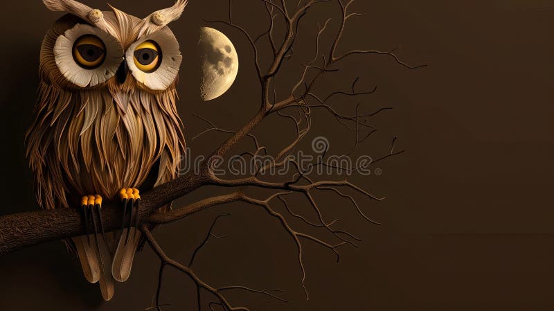 Spooky Owl Silhouette with Moon and Tree Branches on Dark Background ...