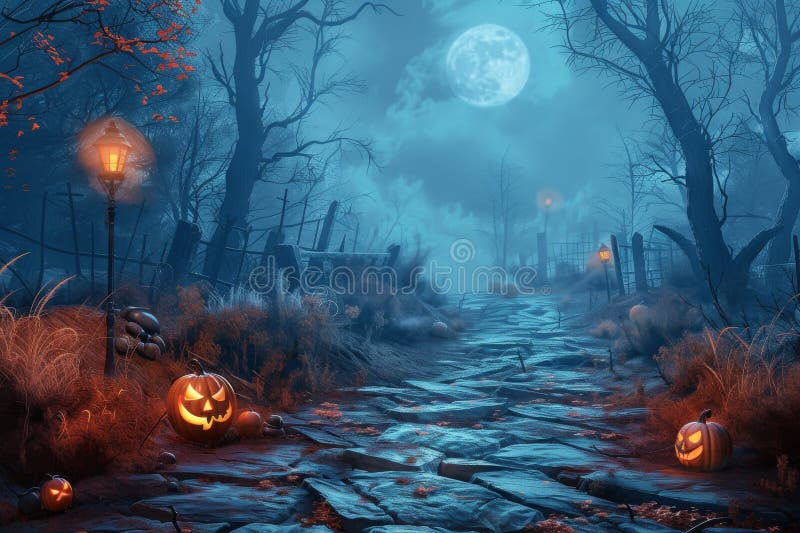 Spooky Pathway Halloween Backdrop Stock Illustration - Illustration of ...
