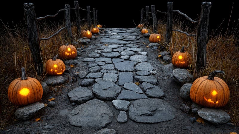 Spooky Pathway Lined with Lit Jackolanterns Leading through Darkened ...