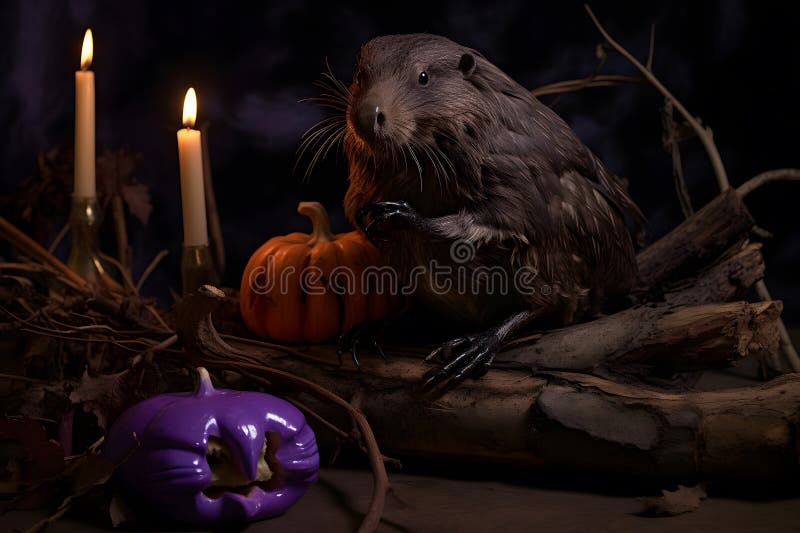 Spooky Portrait of a Beaver in a Halloween Setup in Studio, Dramatic ...