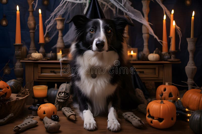 Spooky Portrait of a Border Collie (dog) in a Halloween Setup in Studio ...