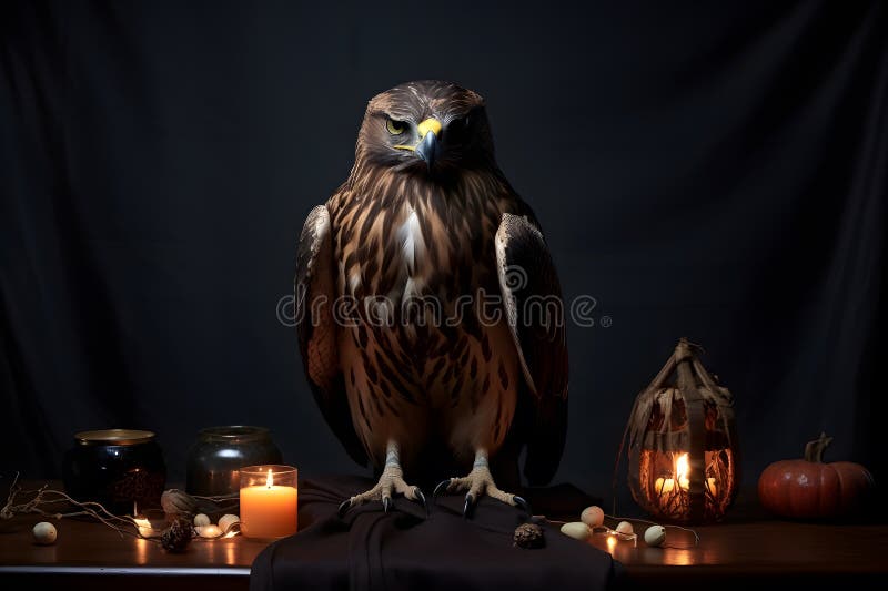 Spooky Portrait of a Hawk in a Halloween Setup in Studio, Dramatic ...