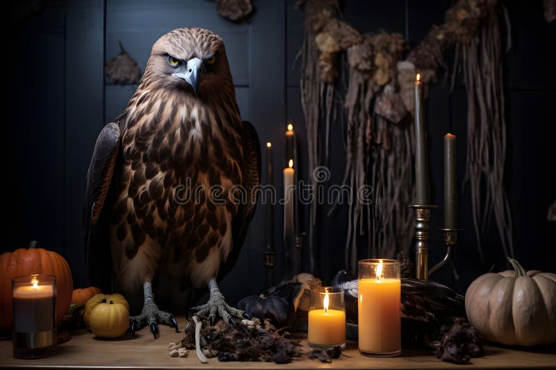 Spooky Portrait of a Hawk in a Halloween Setup in Studio, Dramatic ...