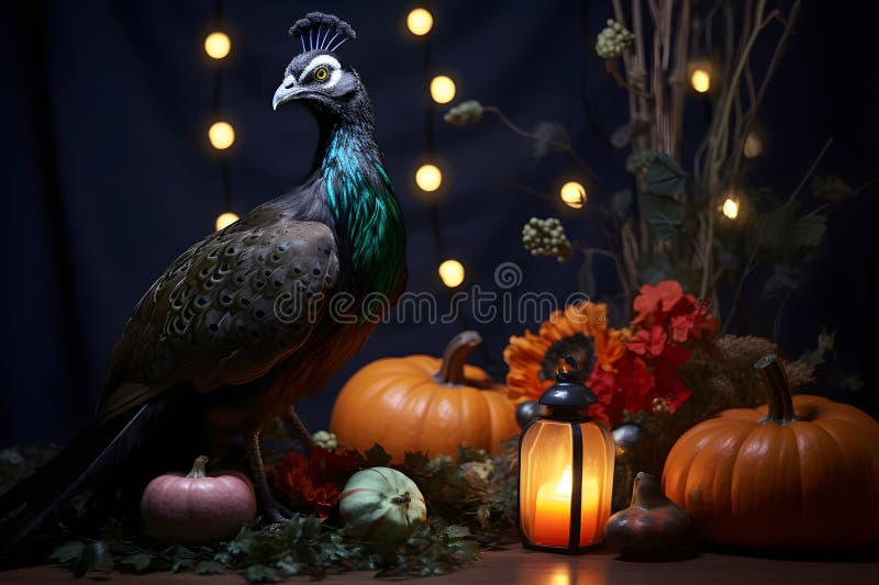 Spooky Portrait of a Peacock in a Halloween Setup in Studio, Dramatic ...