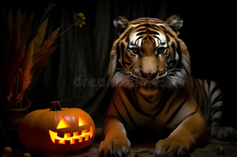 Spooky Portrait of a Tiger in a Halloween Setup in Studio, Dramatic ...