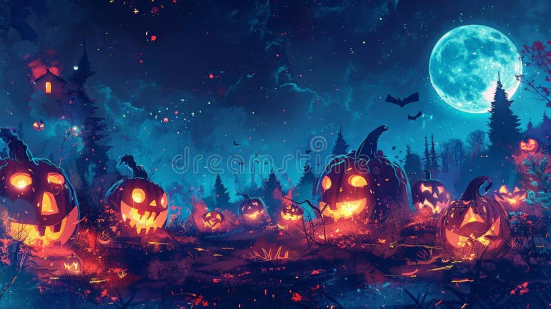 A Spooky Pumpkin Patch with Glowing Jackolanterns and a Full Moon Stock ...
