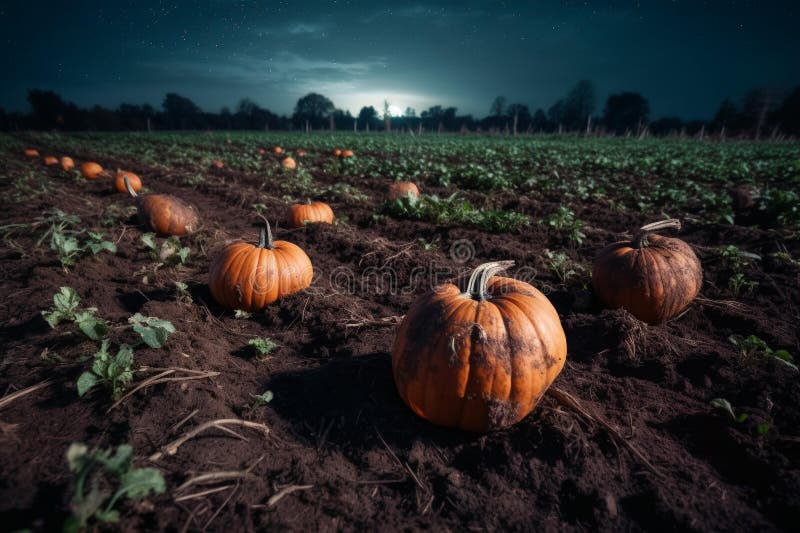 Moonlit Pumpkin Patch at Halloween Stock Illustration - Illustration of ...
