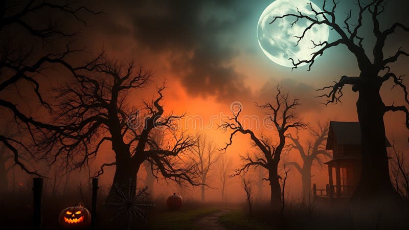 Spooky Pumpkin Patch Under a Full Moon on Halloween Night Stock ...