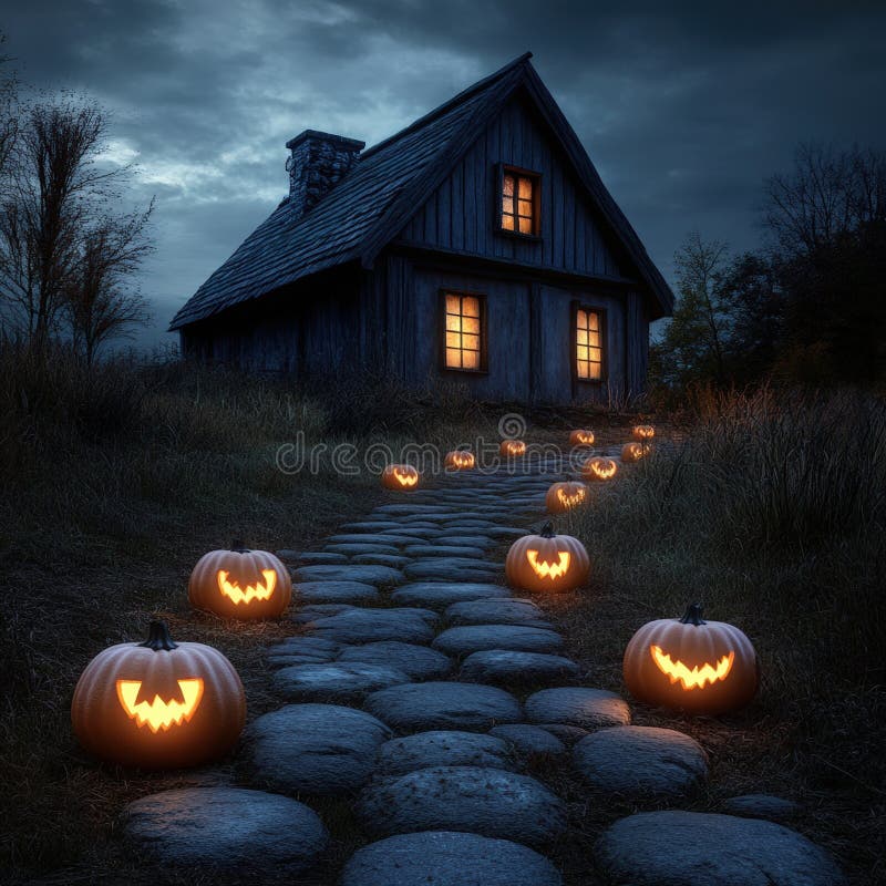 Spooky Pumpkin Path Leading To a Haunted House at Night with Glowing ...