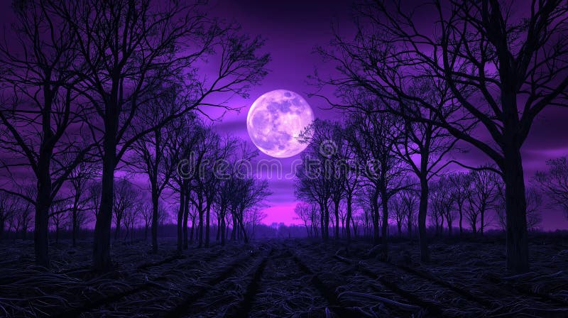 Spooky Purple Moonlit Forest with Tall Trees and Glowing Night Sky ...