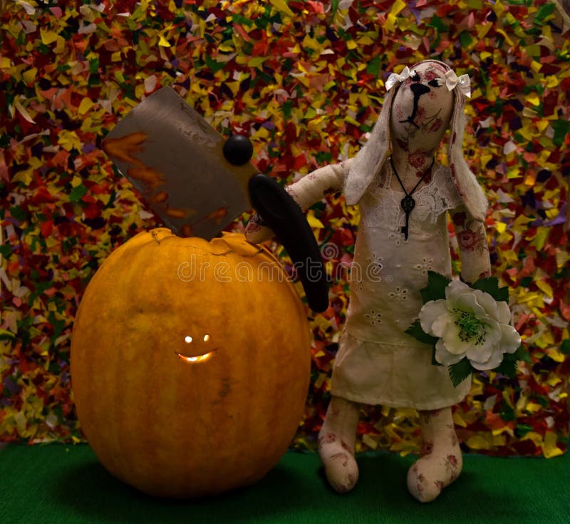 Spooky Rabbit Threatening the Life of an Innocent Pumpkin Stock Image ...