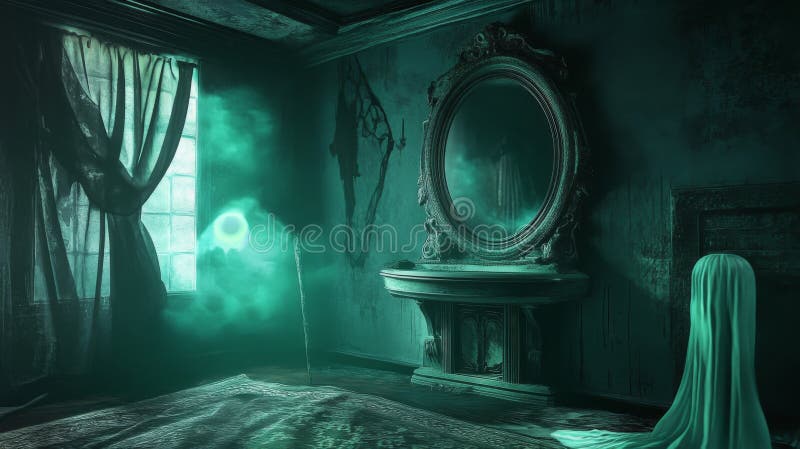A Spooky Room with a Mirror and a Ghostly Presence Stock Illustration ...