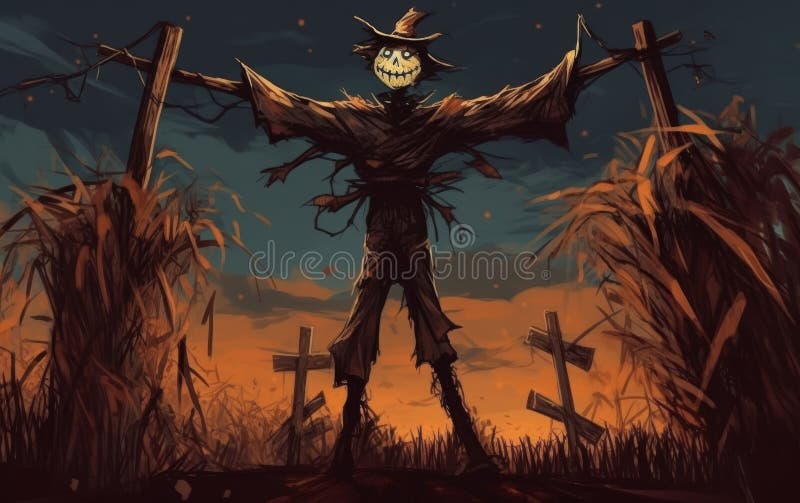 Spooky Scarecrow in a Field of Corn. Created by Generative Artificial ...