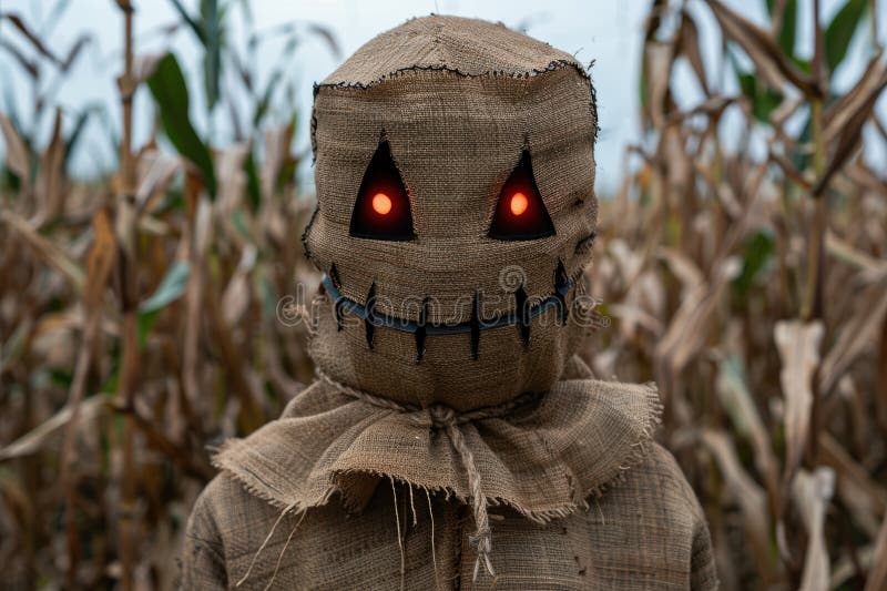 Spooky Scarecrow with Glowing Eyes in a Corn Field Stock Illustration ...