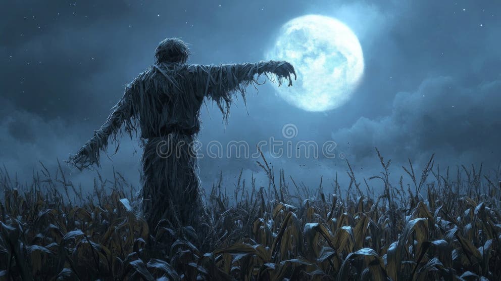 A Spooky Scarecrow Stands in a Cornfield Under a Full Moon Stock ...