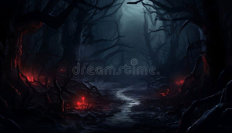 Spooky Glowing Red Lights in the Forest. AI Generated. Stock ...