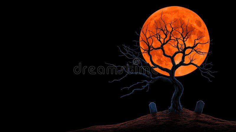 A Spooky Scene with a Bare Tree and a Large Glowing Orange Moon at ...