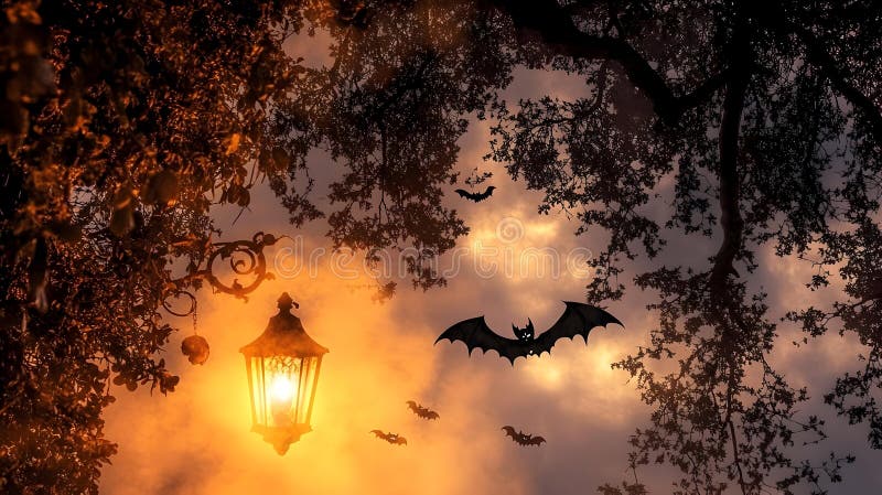 A Spooky Scene Featuring a Lantern, Bats, and Fog, Evoking a Halloween ...