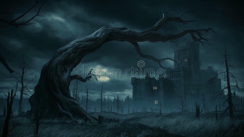 A Spooky Scene with a Gnarled Tree in Front of a Dark Castle Under a ...