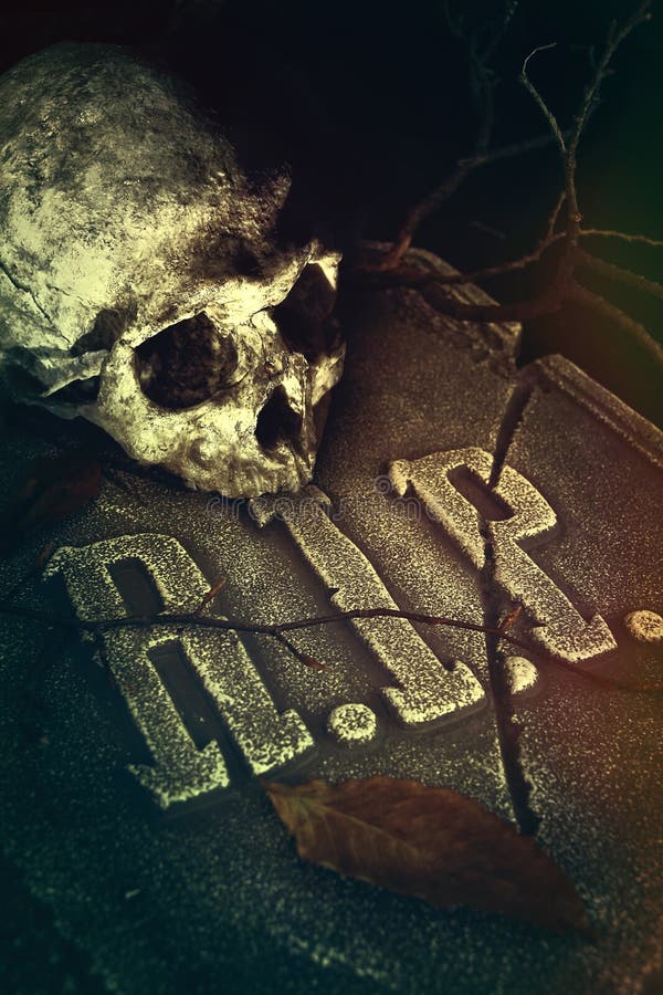 Spooky Scene with Skull and Tombstone Stock Image - Image of dark ...