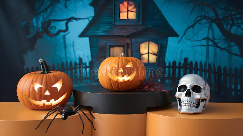 Halloween Display with Jack-o-lanterns and Skull, Halloween-themed ...