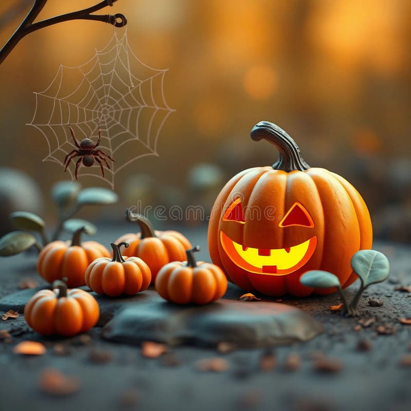 A Spooky Setting with a Smiling Jack-o -lantern, Spider Web, and ...
