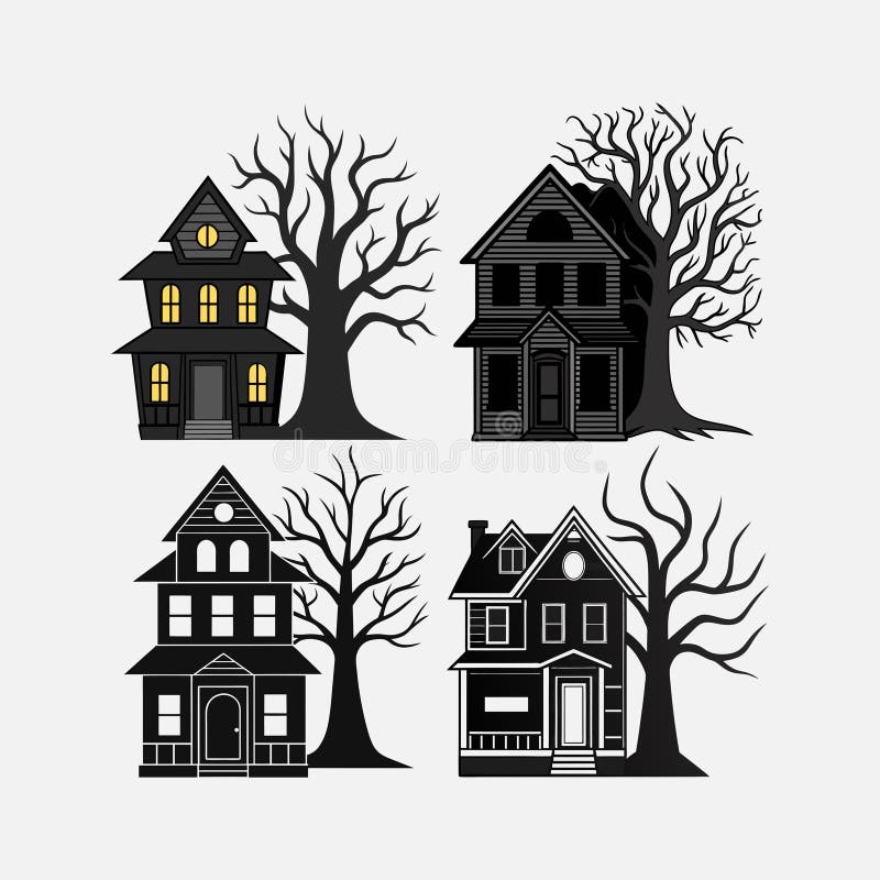 Spooky Silhouette Houses and Trees for Halloween Design. Stock Vector ...
