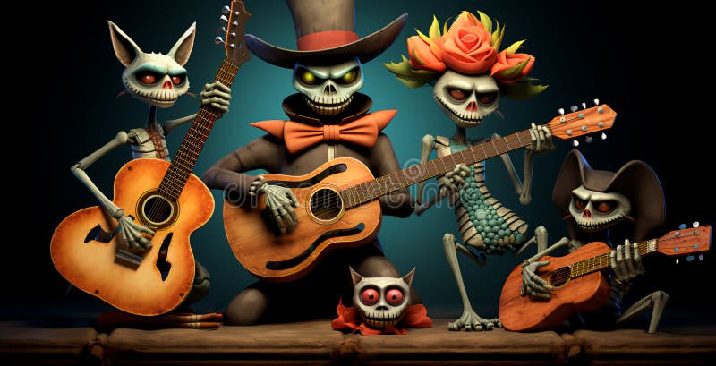 Spooky Skeleton Band with Guitars and Cat Skull Stock Illustration ...