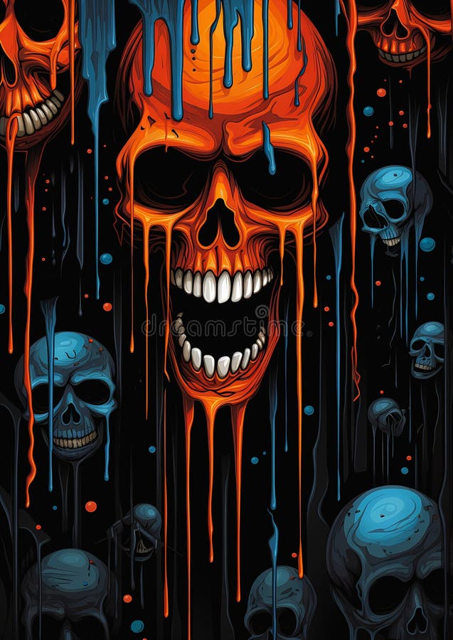 Spooky Skulls Dripping Paint Them Vector Evil Crazy Laugh Orange Stock ...