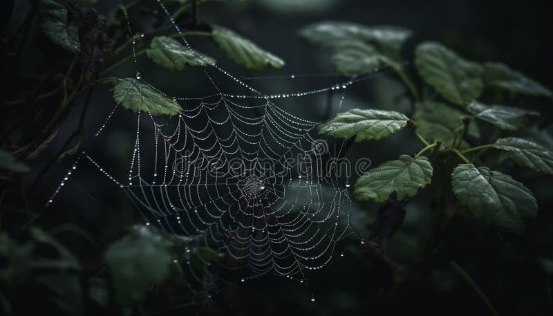 Spooky Spider Web Traps Dew Drops on Wet Leaf Outdoors Generated by AI ...