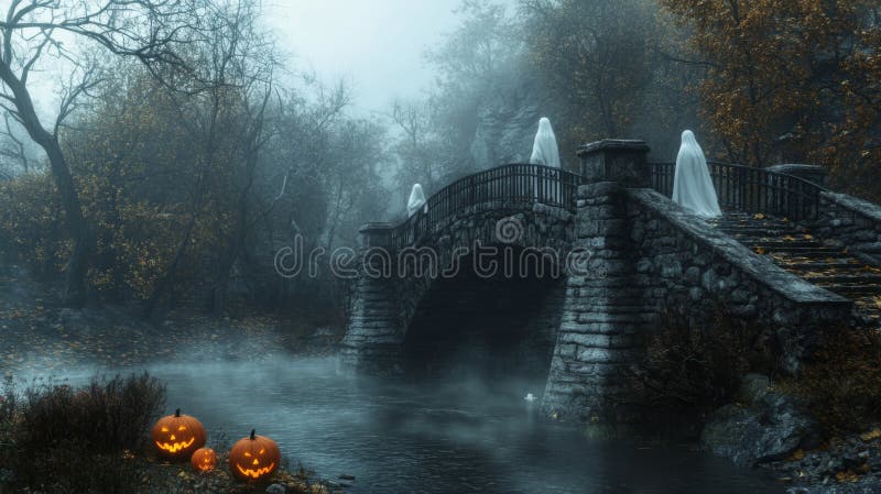 Spooky Stone Bridge with Ghosts and Jack-o-Lanterns in Foggy Forest ...