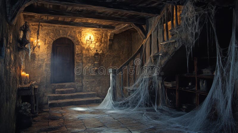 A Spooky Stone Hallway with Cobwebs and a Staircase Stock Illustration ...