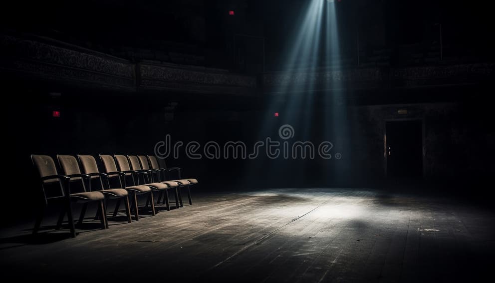 Spooky Theater Stage Illuminated by Glowing Searchlight on Empty Night ...