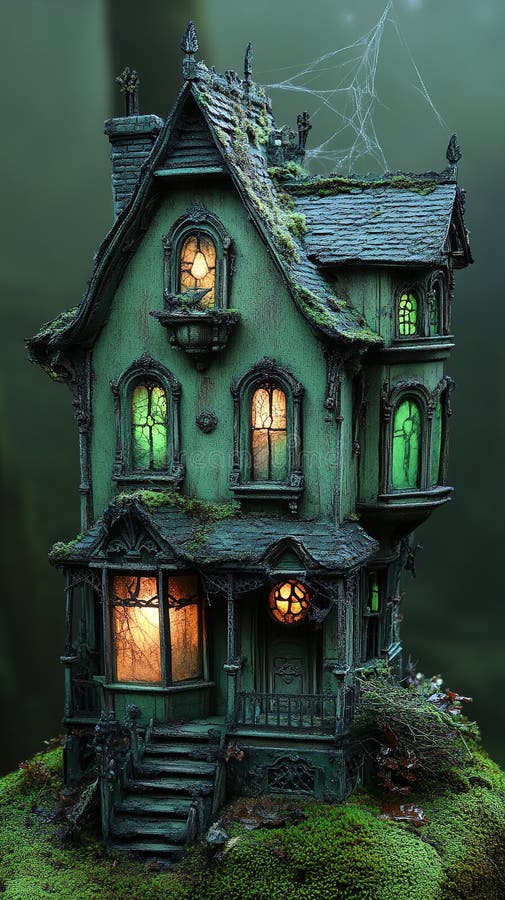 A Spooky Three-story House with Glowing Windows Sits in a Dark Forest ...