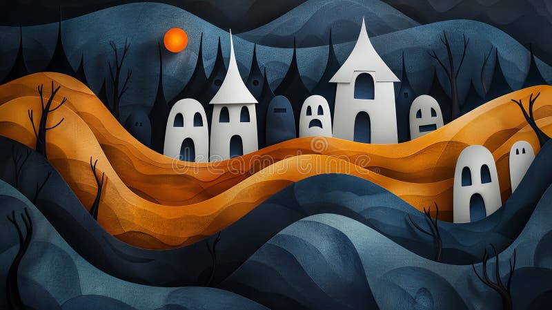 Spooky Town with Watercolor Ghosts and Spooky Lights, Boho Style Stock ...