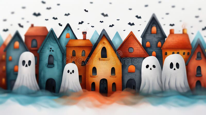 Spooky Town with Watercolor Ghosts and Skeletons, Boho Style Stock ...