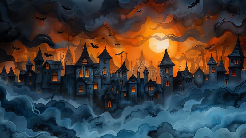 Spooky Town with Watercolor Ghosts and Skeletons, Boho Style Stock ...