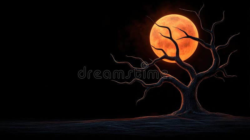 Spooky Tree Silhouette Against a Glowing Orange Full Moon in a Night ...