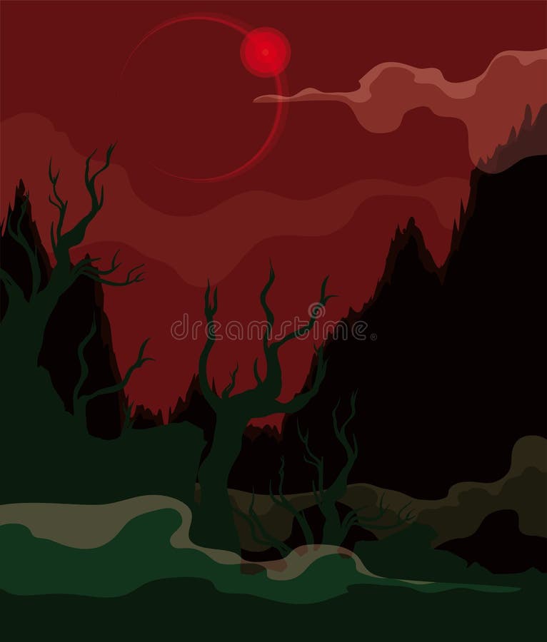 Spooky View of a Solar Eclipse with Red Sky, Vector Illustration Stock ...