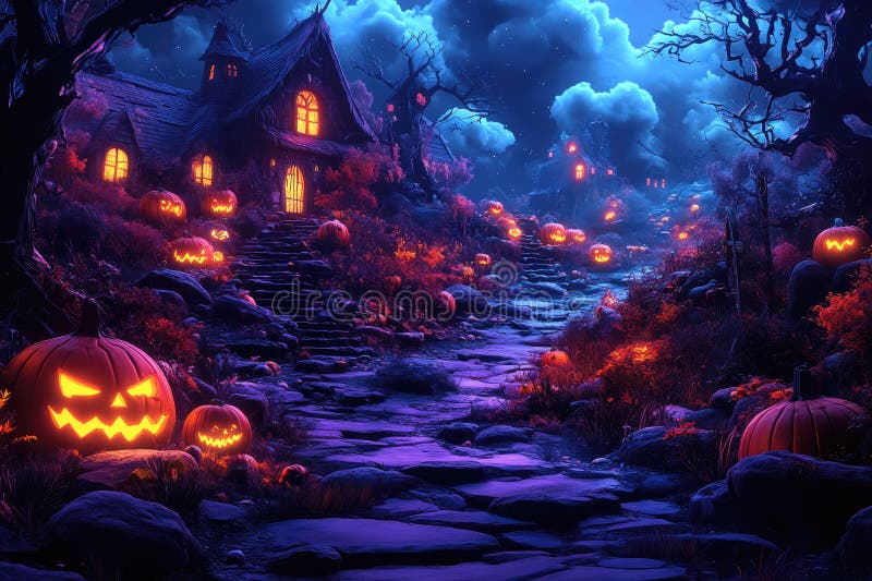 Enchanted Halloween Path with Jack-o -lanterns and Mysterious House ...